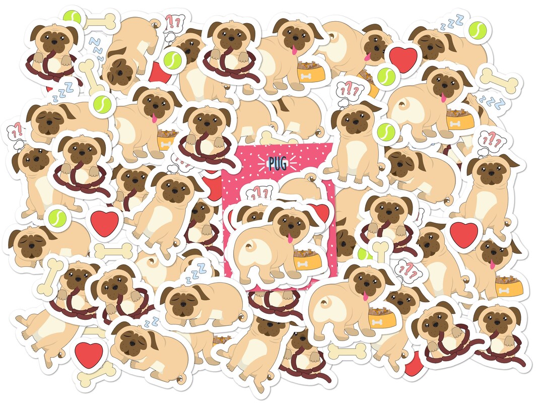 Cute Pug Sticker Set | Pug Art Vinyl Waterproof Stickers | Pug Stickers ...