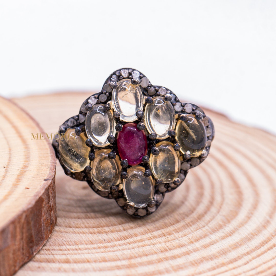 Natural Ruby Gemstone Ring / Diamond Citrine Ring / Citrine Ruby Ring ...
