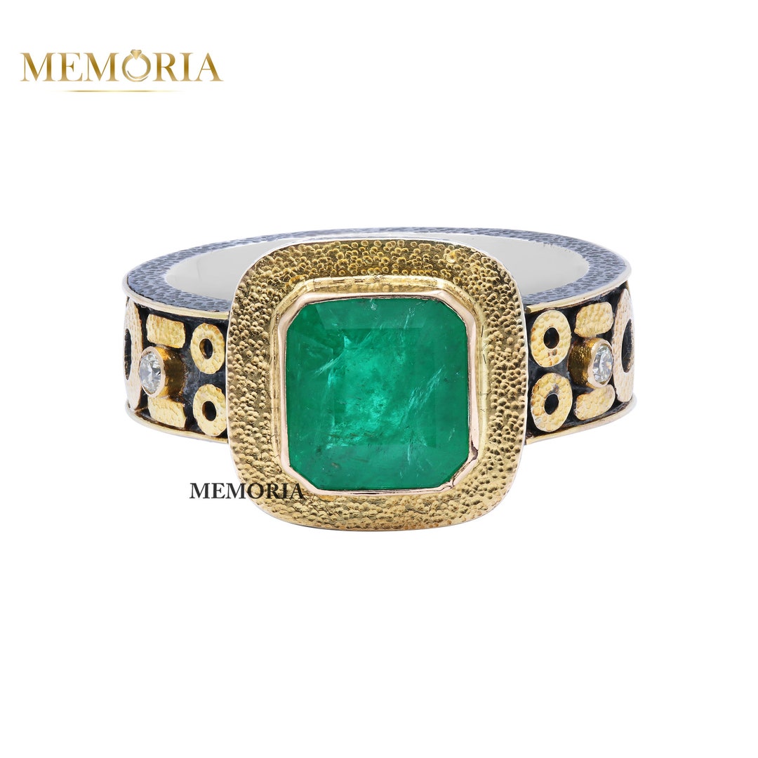 Natural Emerald 18k Gold Ring, Emerald Diamond Gemstone Ring, Handmade ...