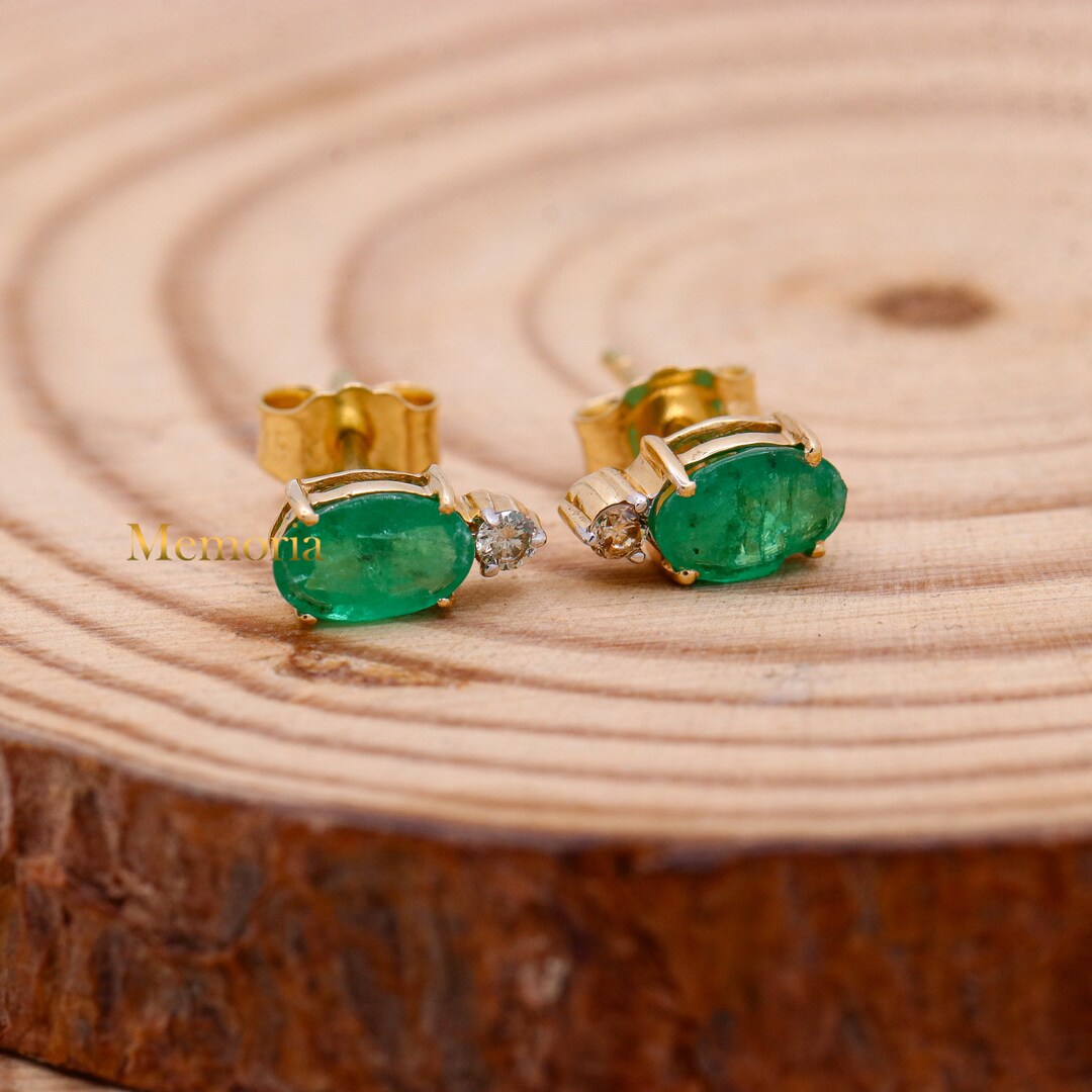 Antique Green Emerald Gemstone Stud Earring / Stud Jewelry Earring / Diamond Emerald Earring ...