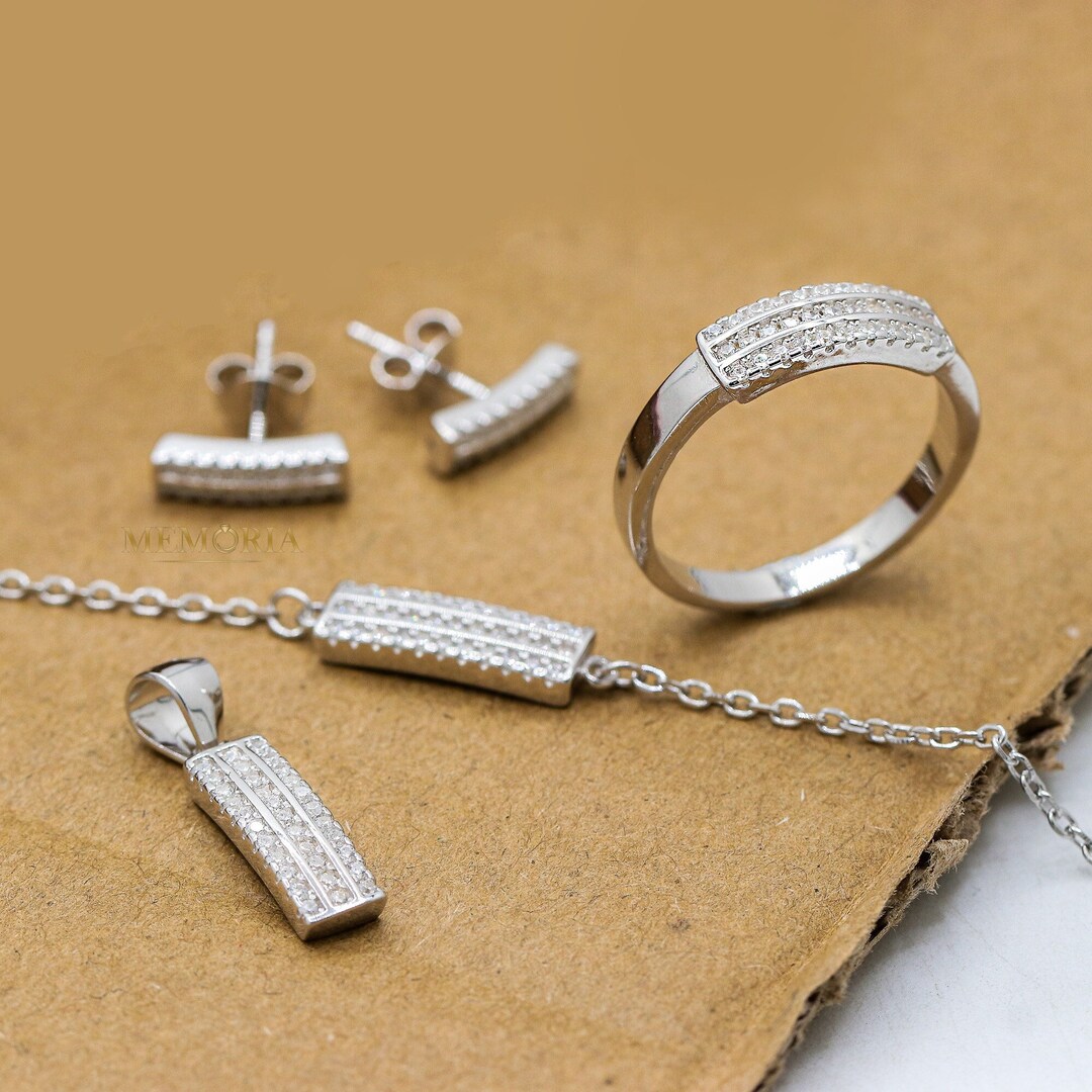 925 Sterling Silver Zircon Jewelry Set, CZ Ring Pendant & Bracelet ...