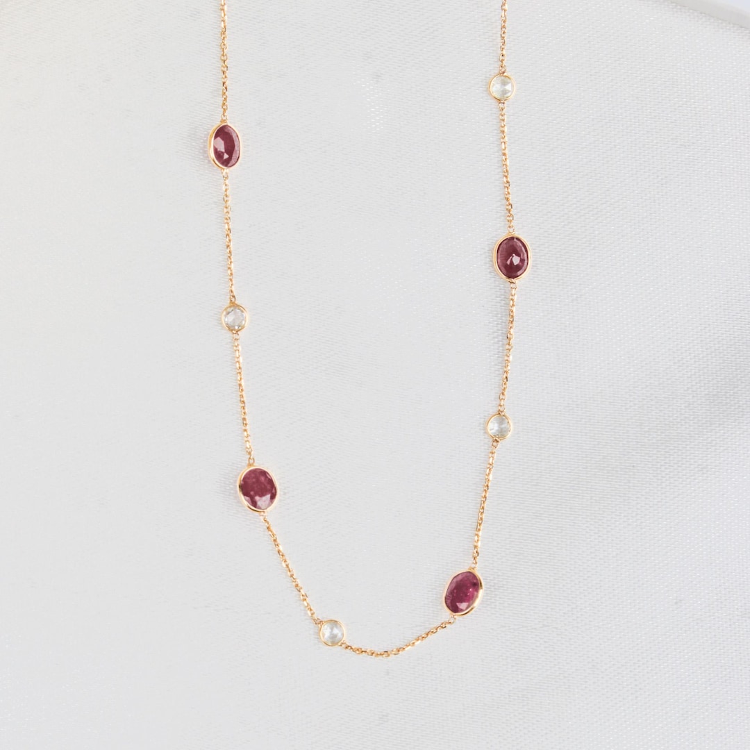 18k Yellow Gold Ruby Diamond Station Chain Necklace - Etsy