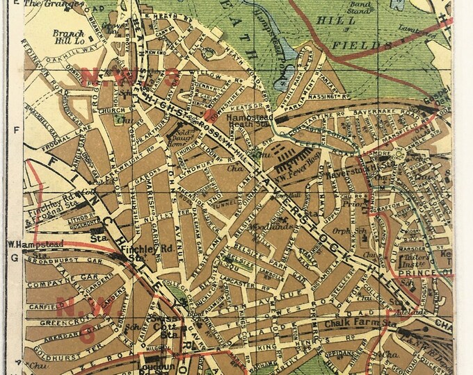 1920s VINTAGE LONDON MAP, North West London, Hampstead Heath Finchley ...