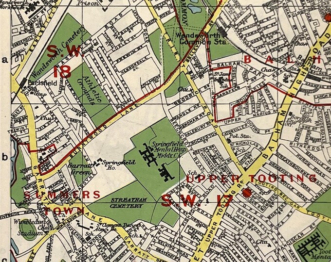 1930s VINTAGE LONDON MAP, South London, Wandsworth, Balham, Tooting ...