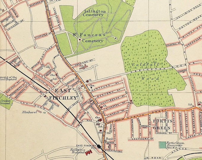 1945 VINTAGE LONDON MAP, North West London, Highgate, Hampstead Heath ...