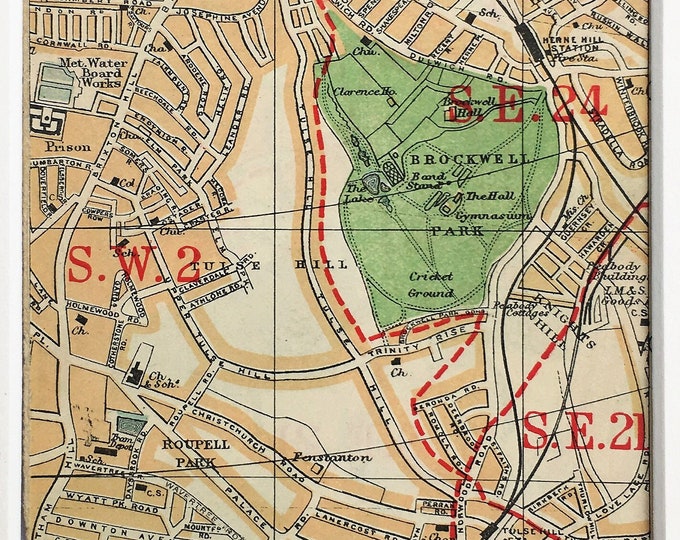 1920s VINTAGE LONDON MAP, South London, Brixton, Brockwell Park, Tulse ...