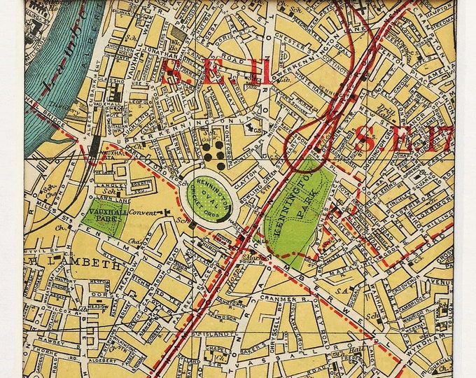 1930s VINTAGE LONDON MAP, South London, Lambeth, Vauxhall, Brixton ...