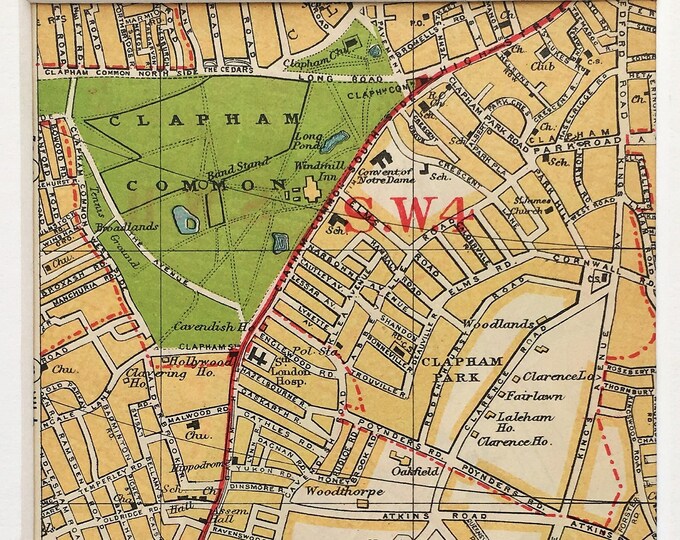 1930s VINTAGE LONDON MAP, South West London, Clapham, Balham, Tooting ...