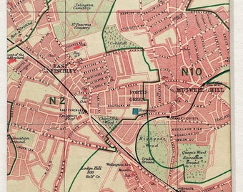 1930s VINTAGE LONDON MAP, North West London, Highgate, Muswell Hill ...