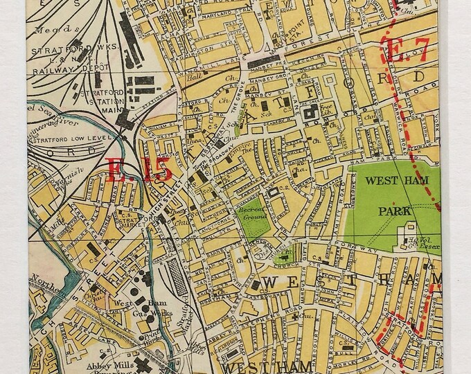 1930s VINTAGE LONDON MAP, North East London, Stratford, West Ham, Bacon ...