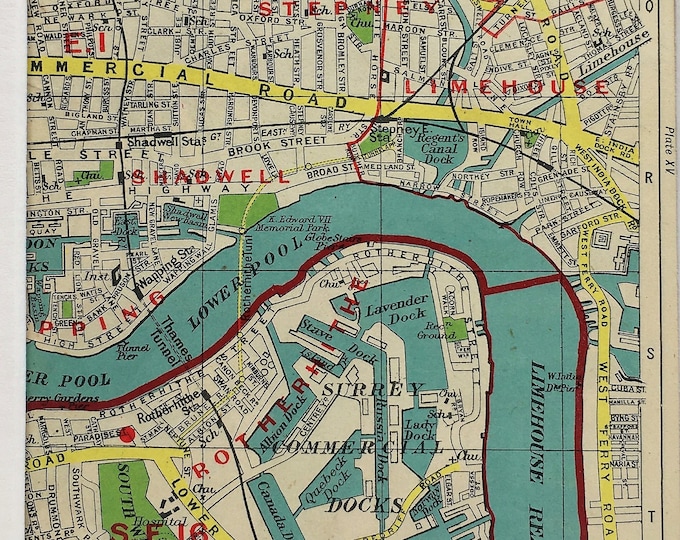 1930s VINTAGE LONDON MAP, East London, Rotherhithe, Stepney, Limehouse ...