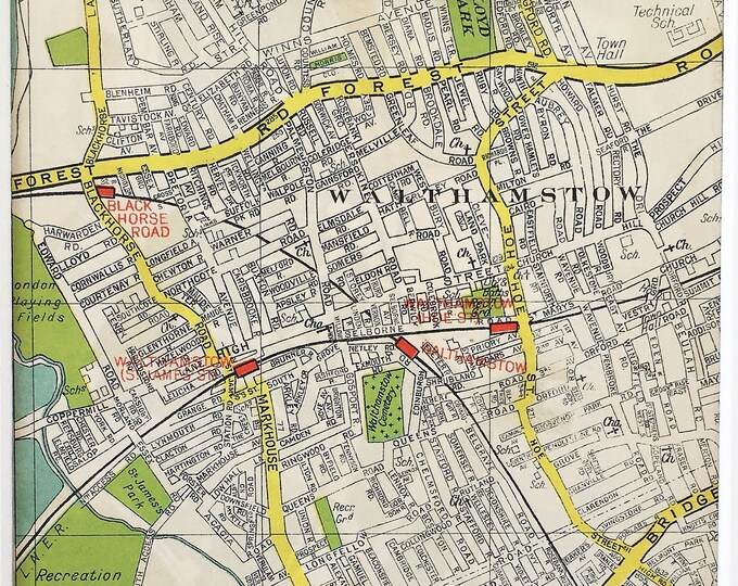 1940s VINTAGE LONDON MAP, North London, Walthamstow, Leyton, Matted ...