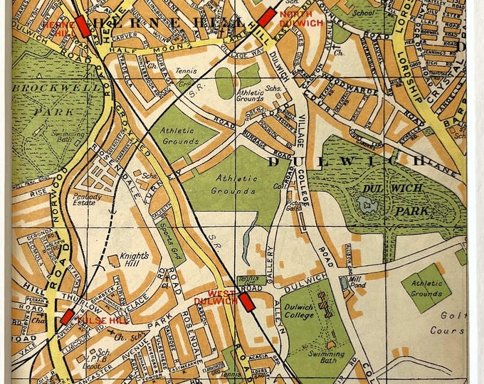 1930s VINTAGE LONDON MAP, South East London, Herne Hill, Dulwich, West ...