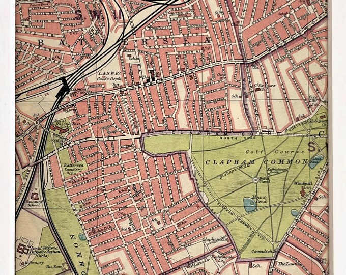 1925 Antique LONDON Map, Battersea, Clapham, Balham, Wandsworth, Matted ...