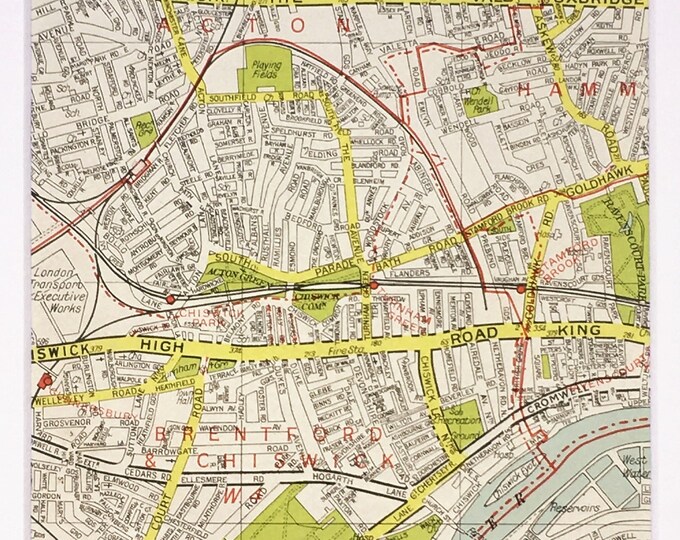 C. 1960 VINTAGE LONDON MAP, West London, Acton, Chiswick, Barnes ...