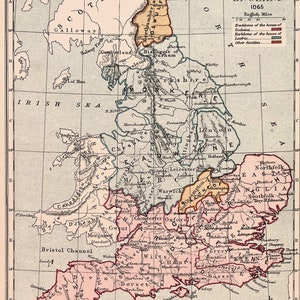 ENGLAND in 1065 Before Norman Conquest C. 1900 Small Antique Colour Map ...