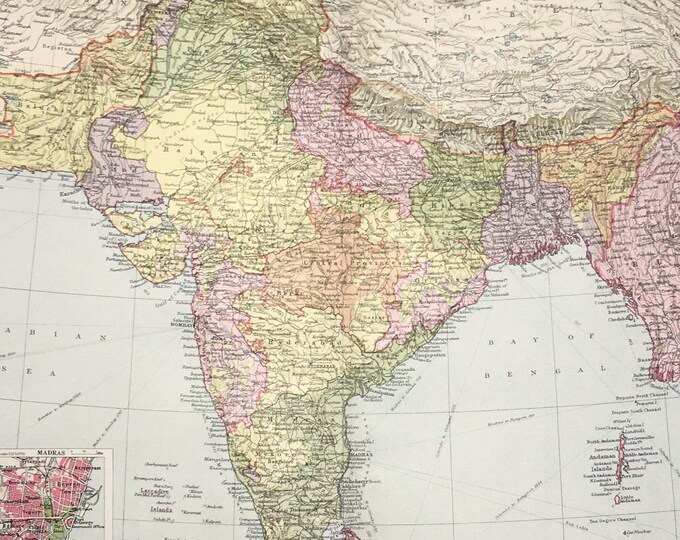 INDIAN EMPIRE 1937 Antique Map, India, Ceylon, Burma, Nepal, Philips ...
