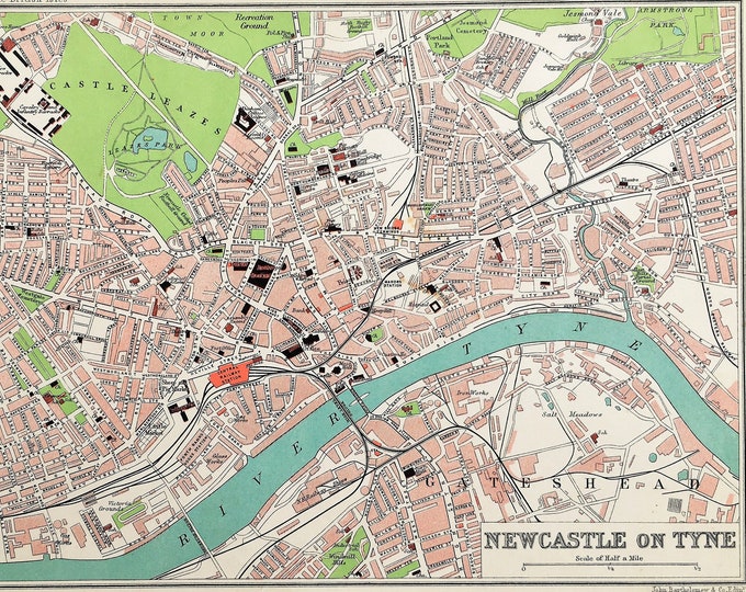 NEWCASTLE CITY 1904 Antique Colour Map by Bartholomew, Pastel Colours ...