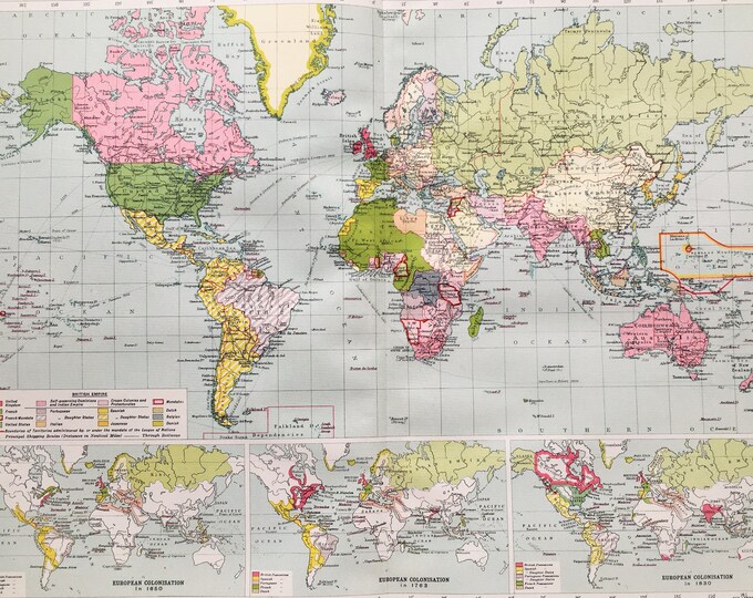 1934 Vintage World Map of European Colonisation, Political ...