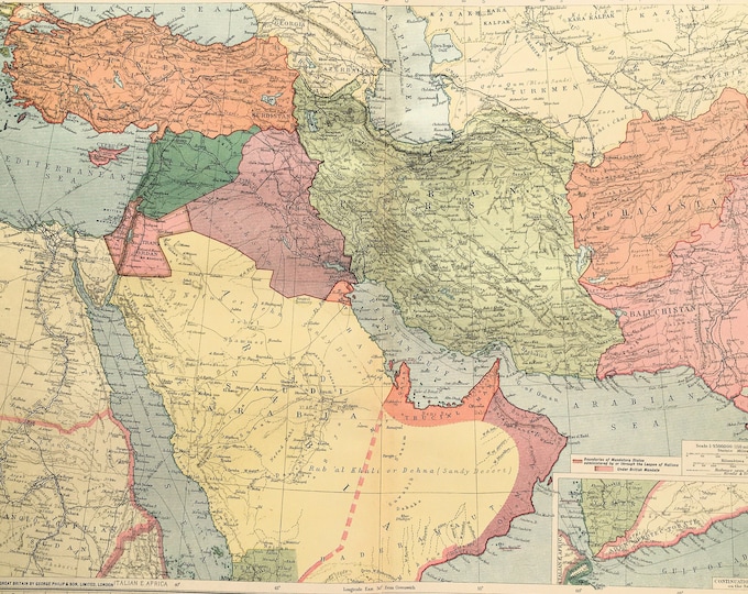 SOUTH WEST ASIA 1940 Vintage Wartime Map, Middle East, Saudi Arabia ...