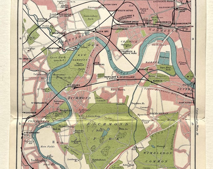 1929 Antique West LONDON Map, Kew, Richmond, Hampton Court, Wimbledon ...
