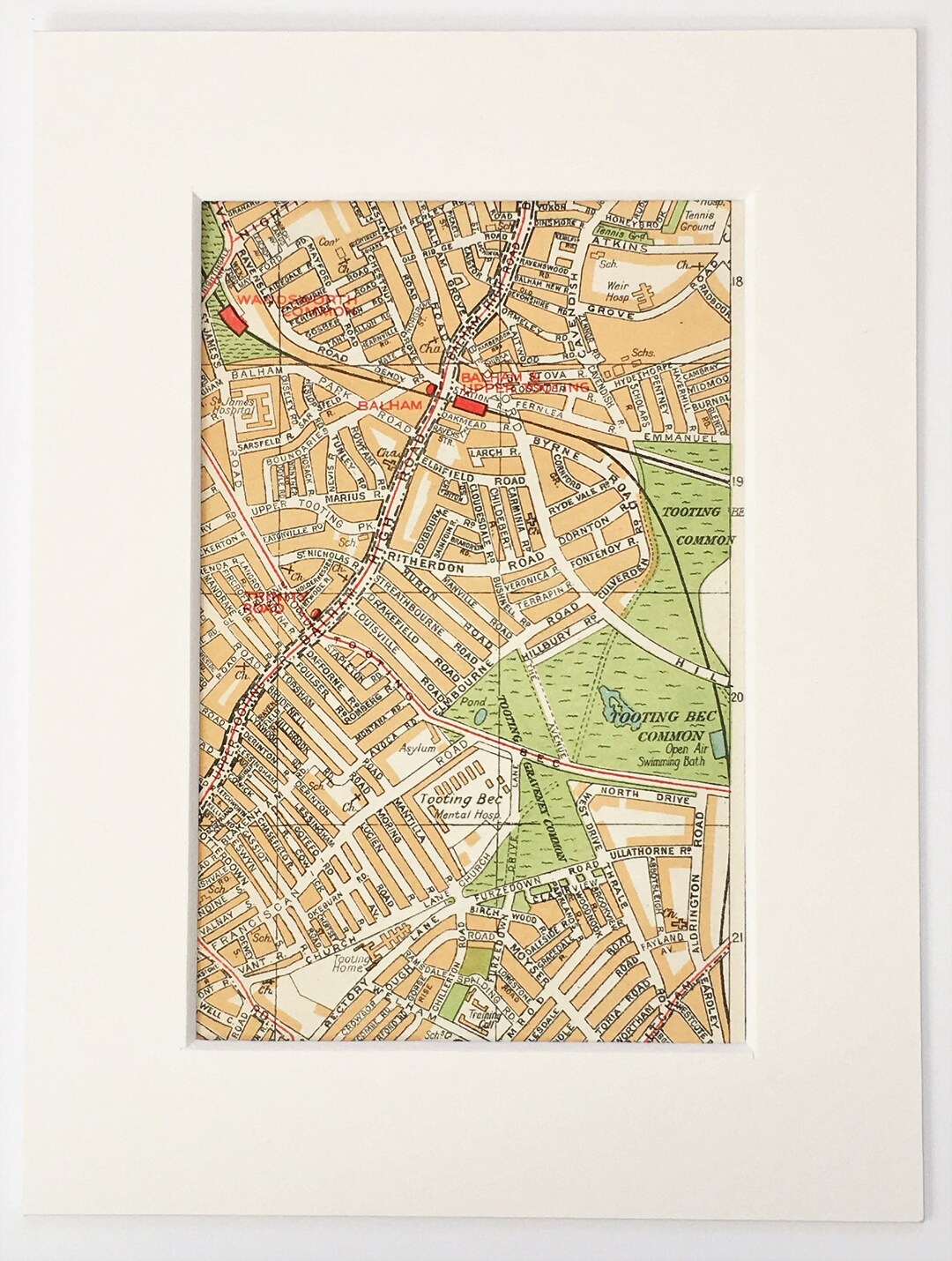 1930s VINTAGE LONDON MAP, South London, Wandsworth, Tooting, Balham ...