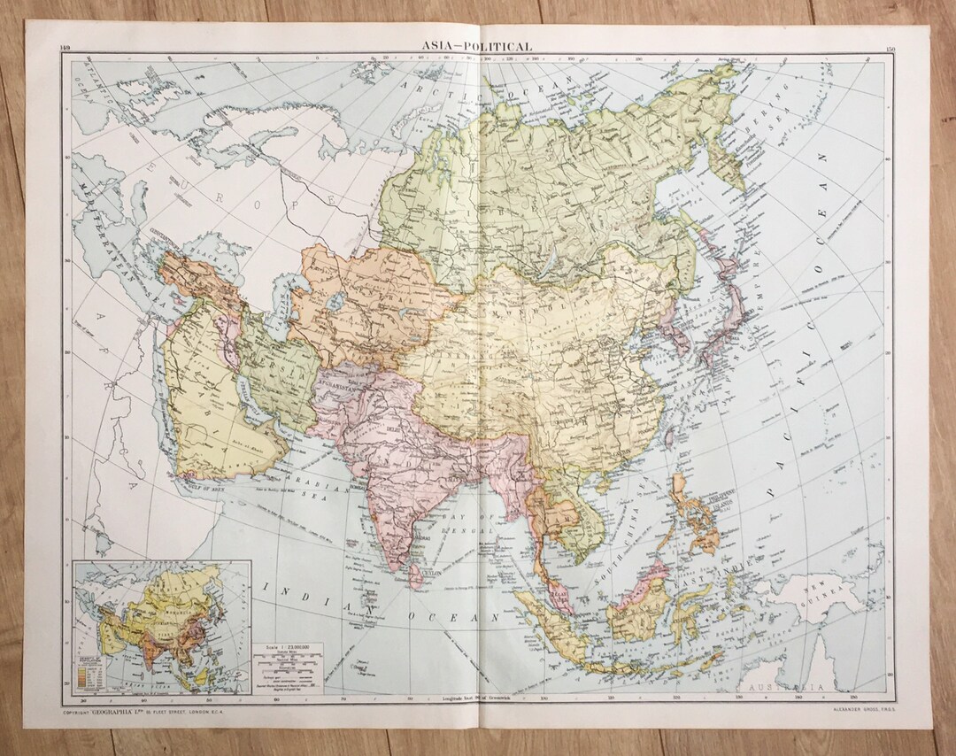 ASIA POLITICAL Huge Antique Map : Countries, Continent, C. 1920. Lovely ...