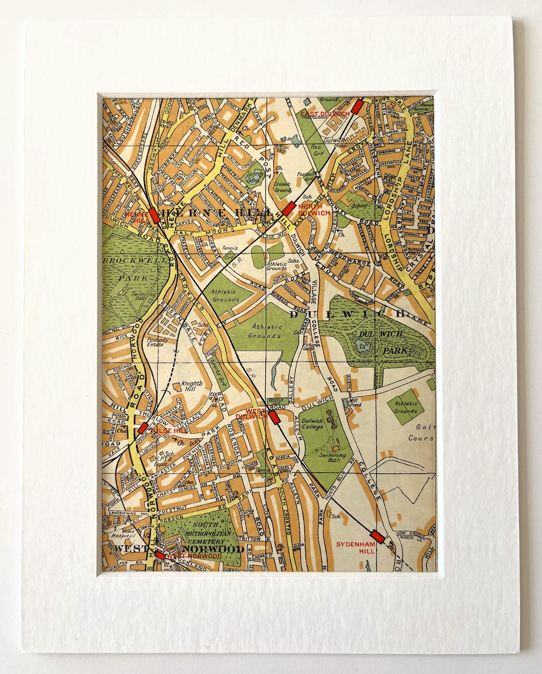 1930s VINTAGE LONDON MAP, South East London, Herne Hill, Dulwich, West ...