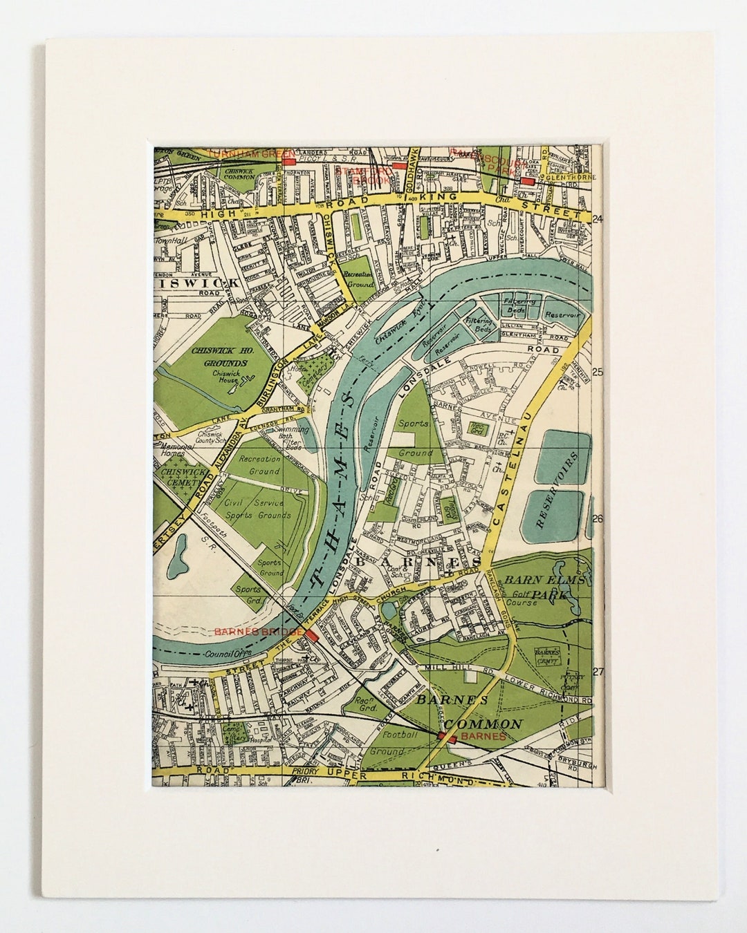 1940s VINTAGE LONDON MAP, South West London, Chiswick, Barnes, Matted ...