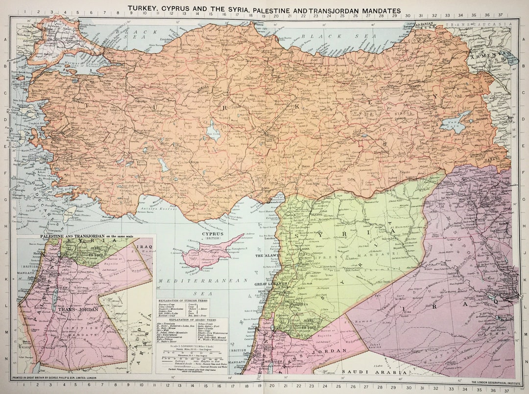 MIDDLE EAST 1937 Vintage Wartime Map of Iraq, Turkey, Jordan, Syria by ...