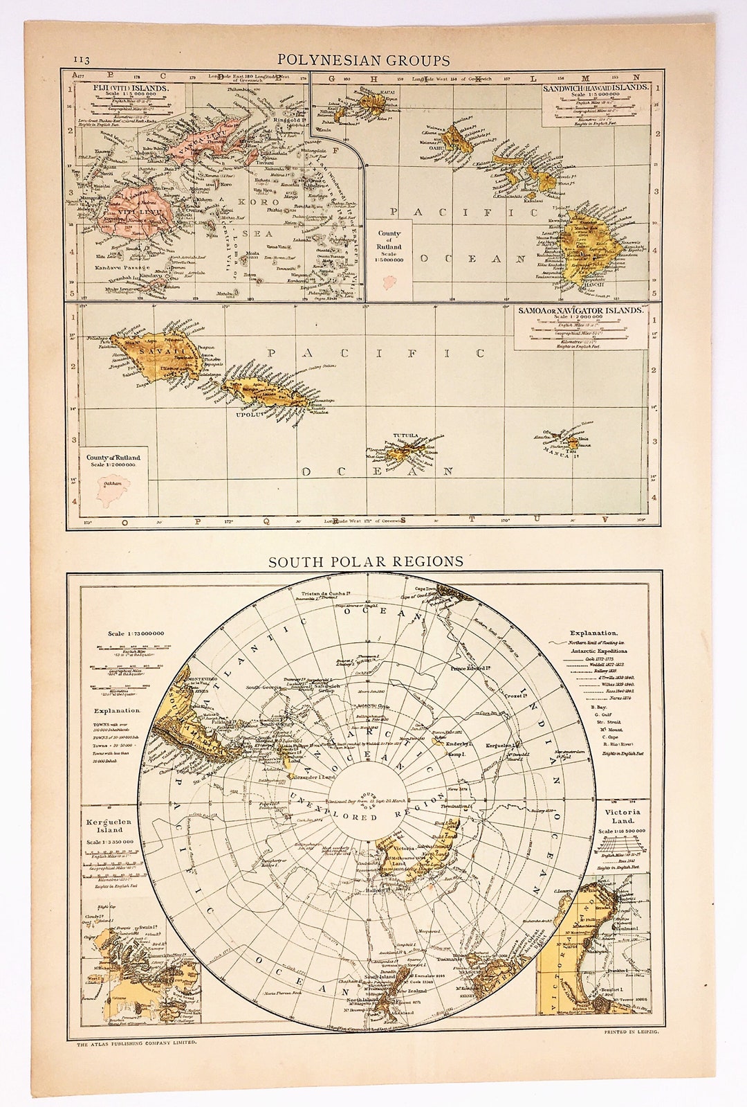 1890 Antique Map of Polynesia, Fiji, Samoa, South Pole, Antarctica ...