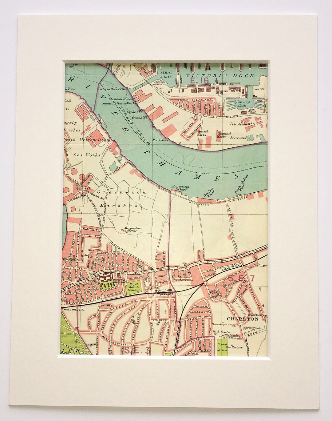 1925 Antique LONDON Map, Victoria Docks, Greenwich, Charlton, Matted ...