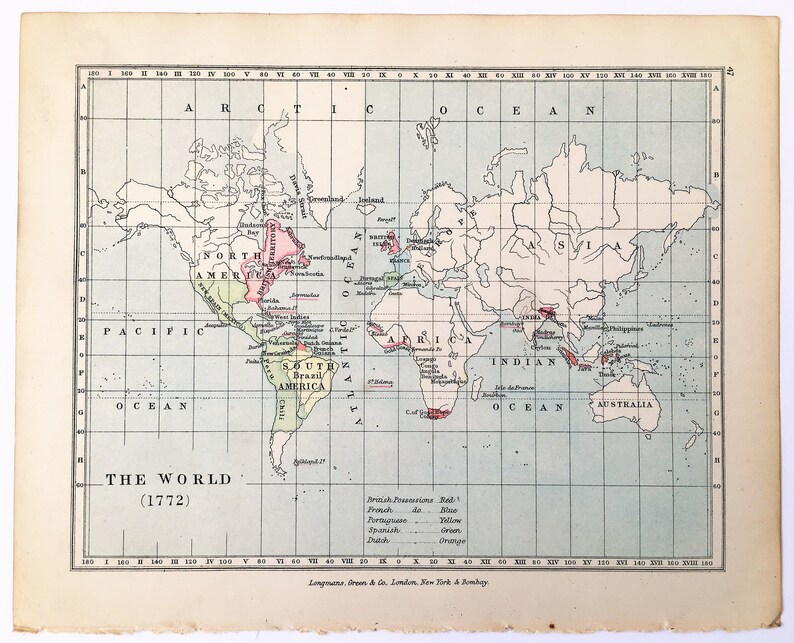 WORLD Map in 1772, 18th Century C. 1900 Small Antique Colour Map - Etsy ...