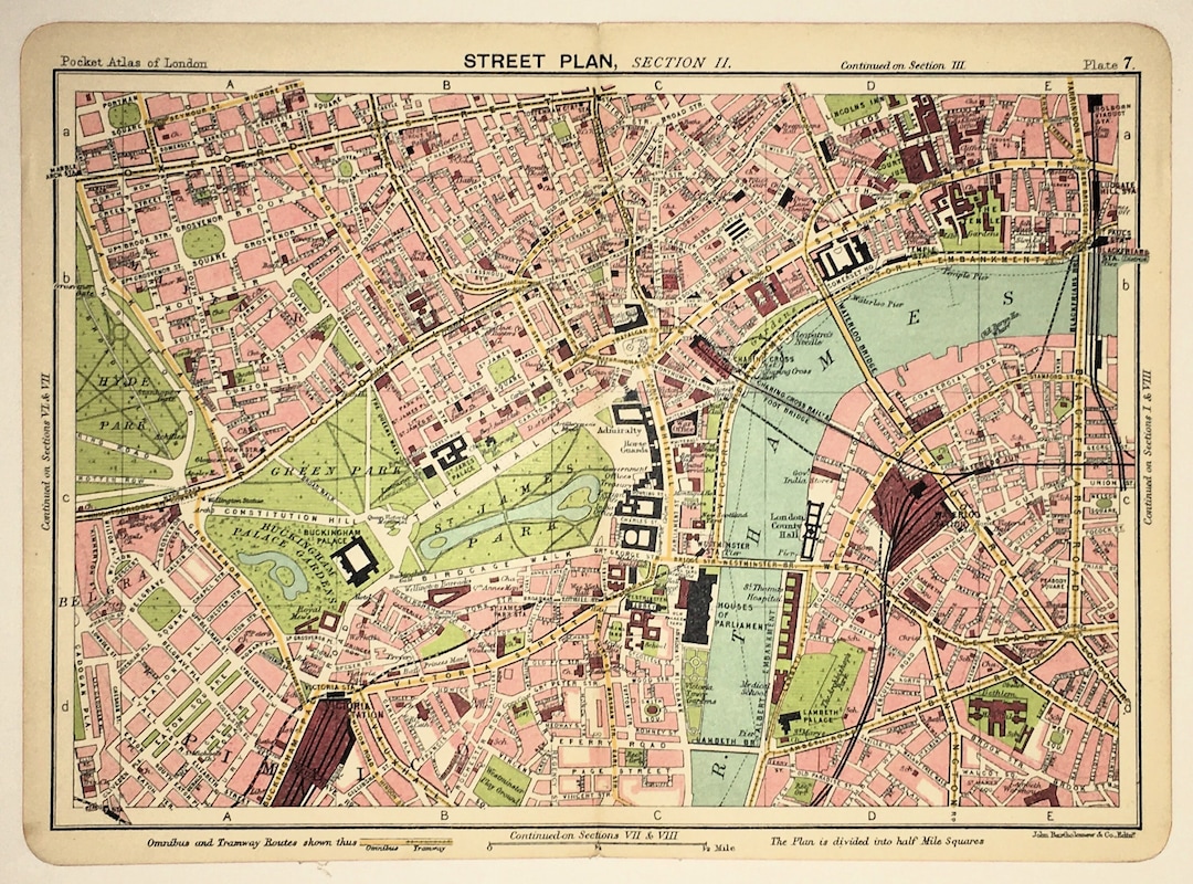 1920 Antique London Map, Thames, Waterloo Station, St James Park ...