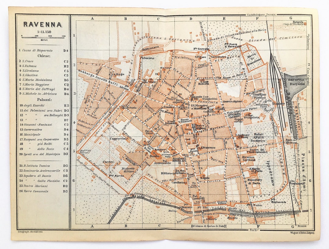 Plano de calles de la ciudad de Rávena, Italia, 1926 Pequeño mapa de ...