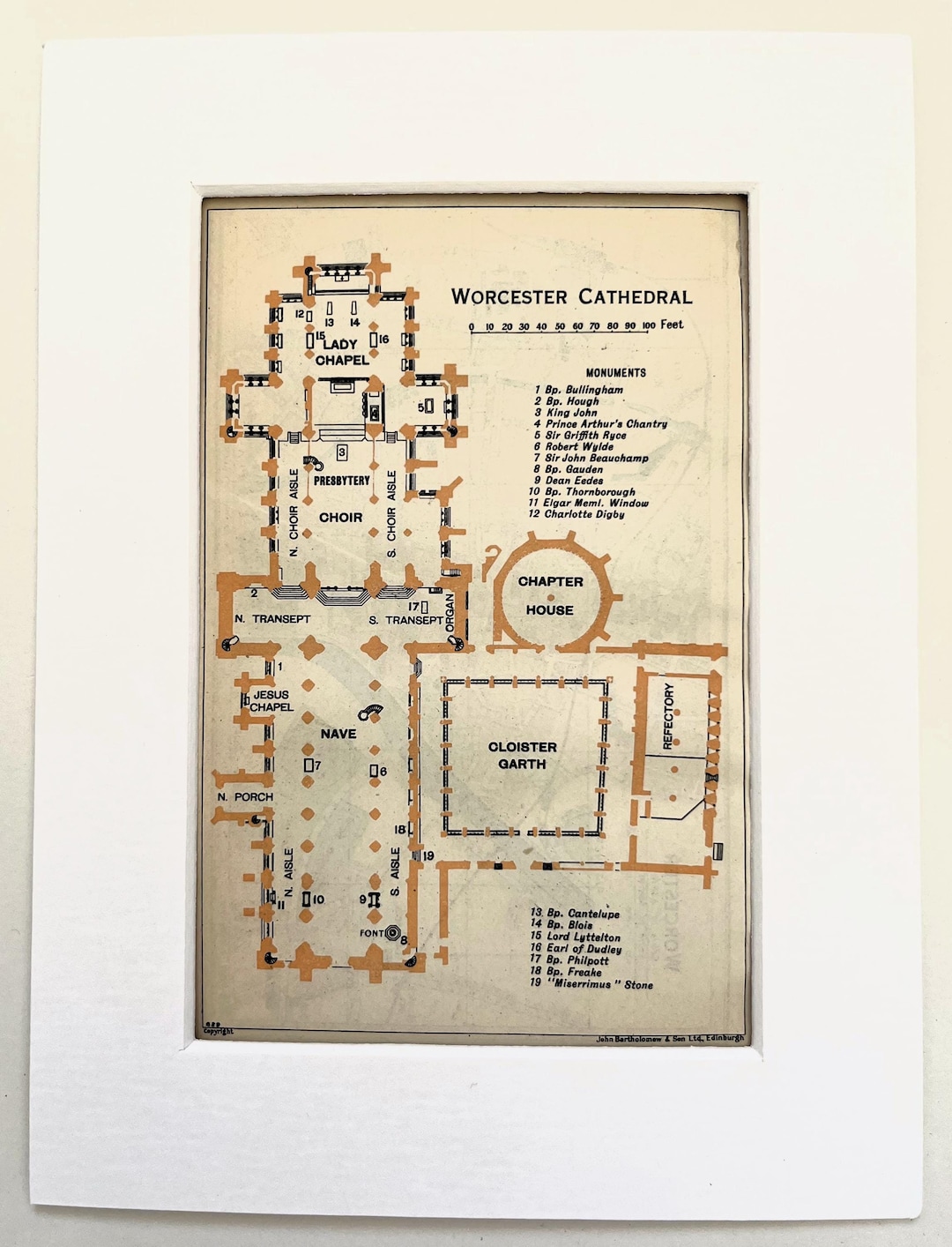 WORCESTER CATHEDRAL Floor Plan C. 1950 Vintage Map, Matted/ Mounted for ...