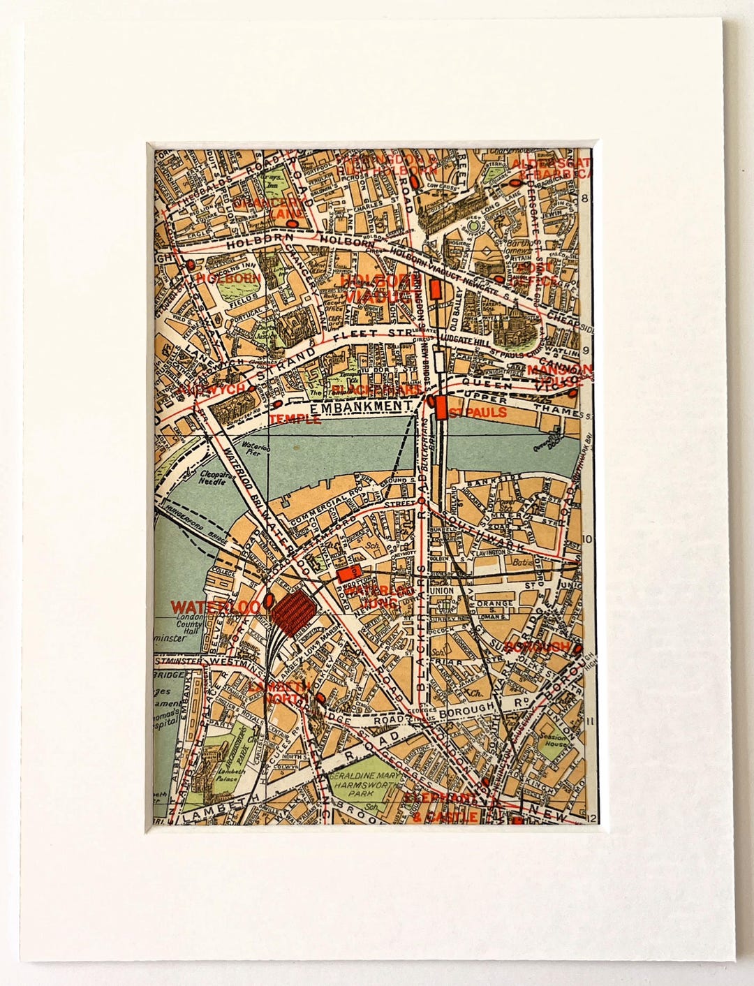 1930s VINTAGE LONDON MAP, Central London, Waterloo, Lambeth, Southwark ...