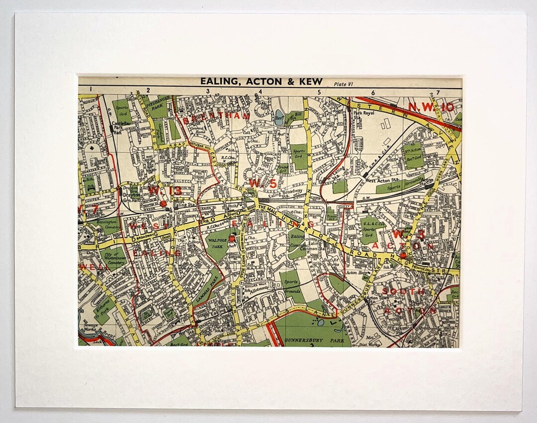 1930s VINTAGE LONDON MAP, West London, Ealing, Acton, Hanwell, Brentham ...