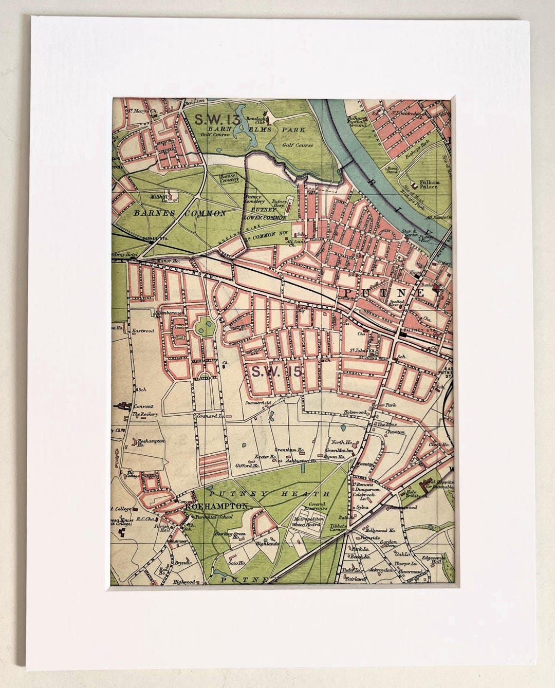 1925 Antique LONDON Map, Putney, Roehampton, Barnes, Matted/ Mounted ...