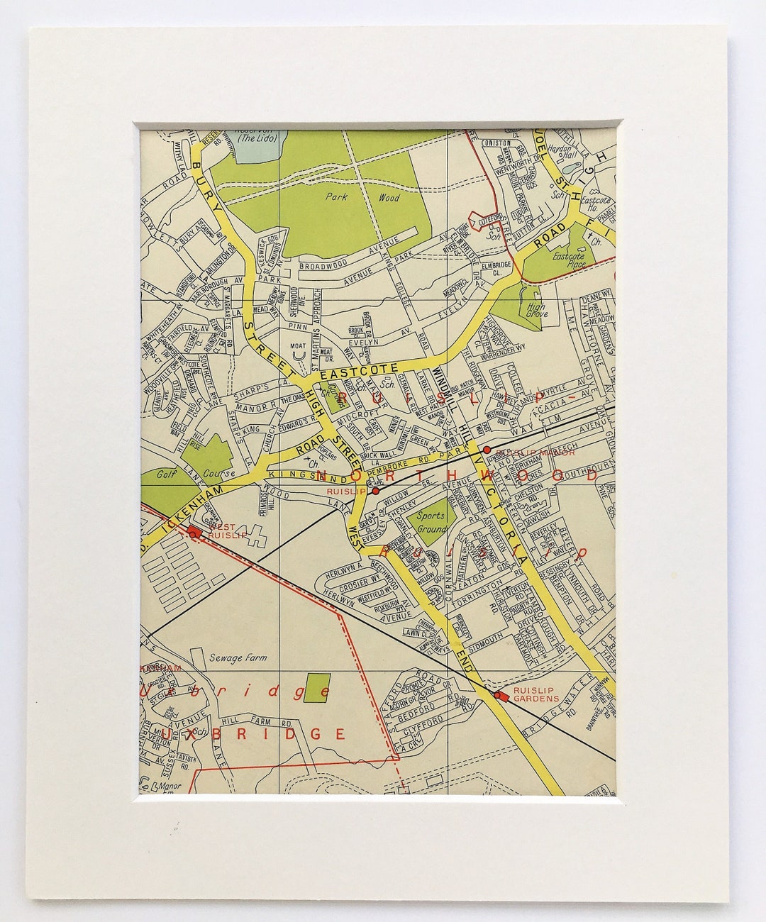 C. 1960 VINTAGE LONDON MAP, North West London, Ruislip, Matted/ Mounted ...
