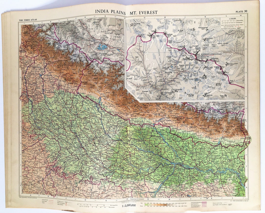 1950s Vintage Map of Northern India, Himalayas, Nepal, Indian Plains ...