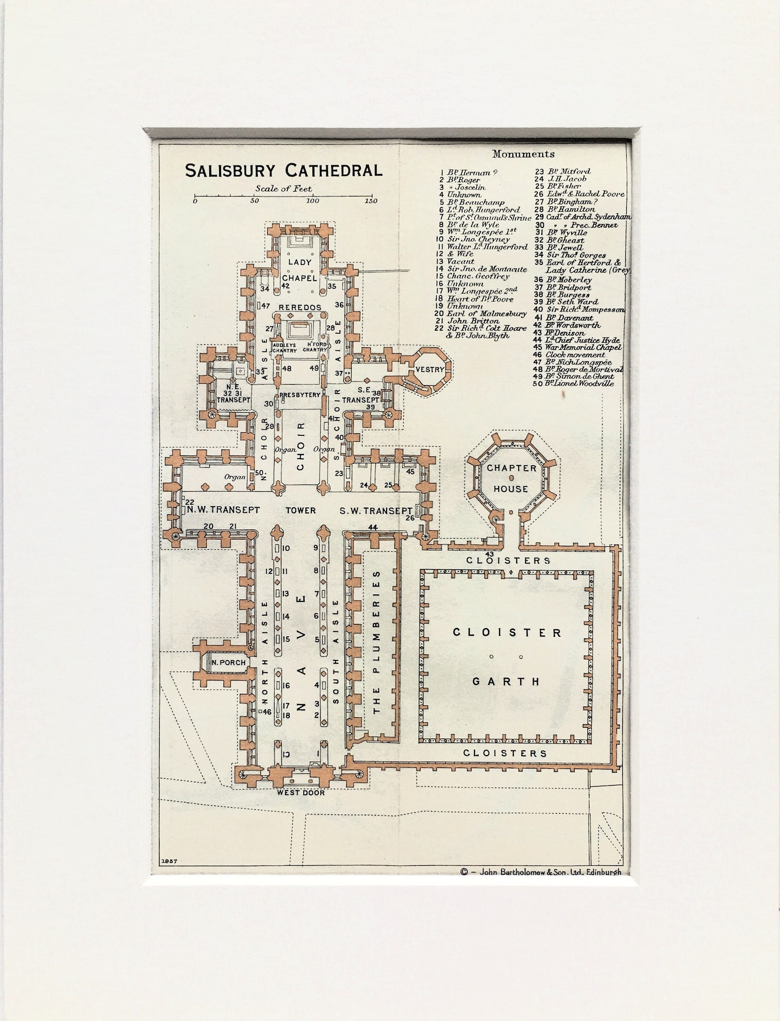 SALISBURY CATHEDRAL Floor Plan C. 1950 Vintage Map, Matted/ Mounted for ...