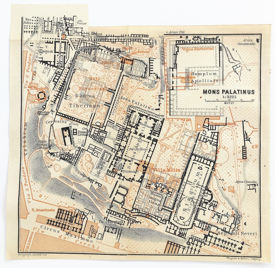 PALATINE HILL ROME City Street Plan, Italy, 1926 Small Antique Colour ...