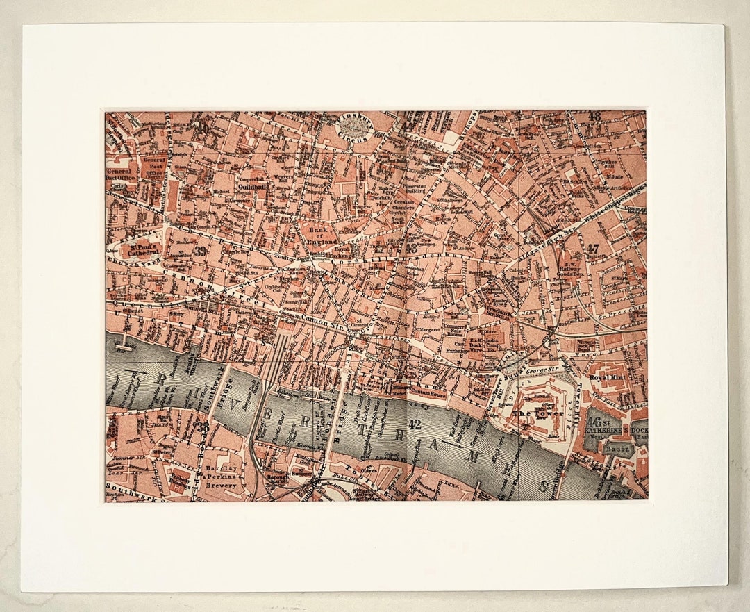 1907 Antique CENTRAL LONDON Map, St Pauls, Tower of London, Small ...