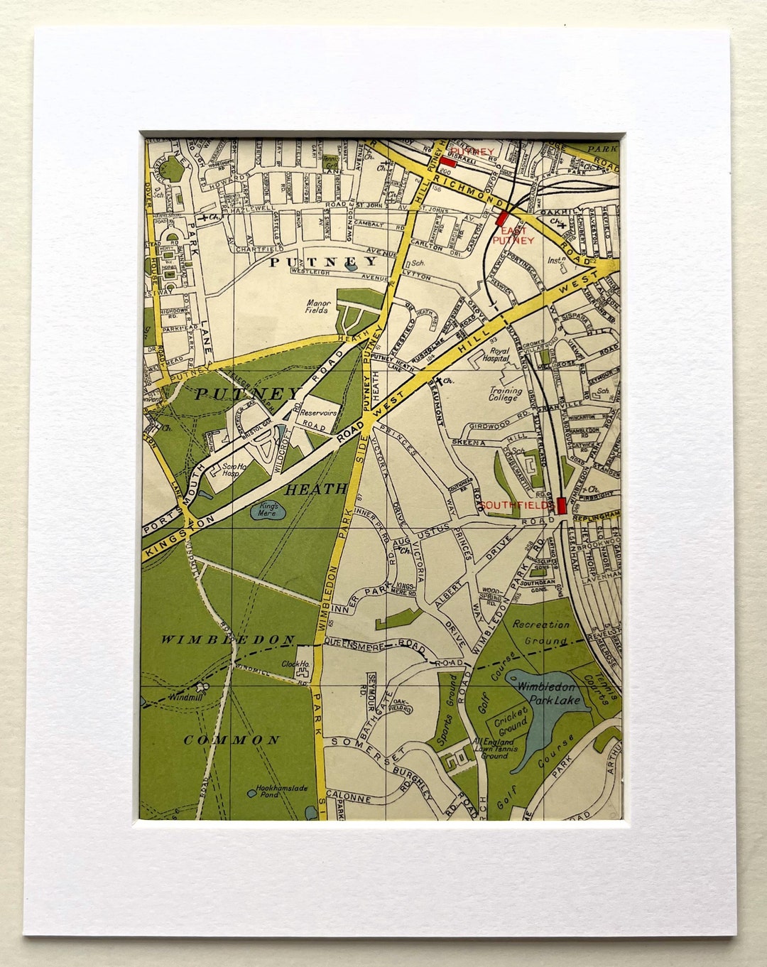 1940s VINTAGE LONDON MAP, South West London, Putney Heath, Wimbledon ...