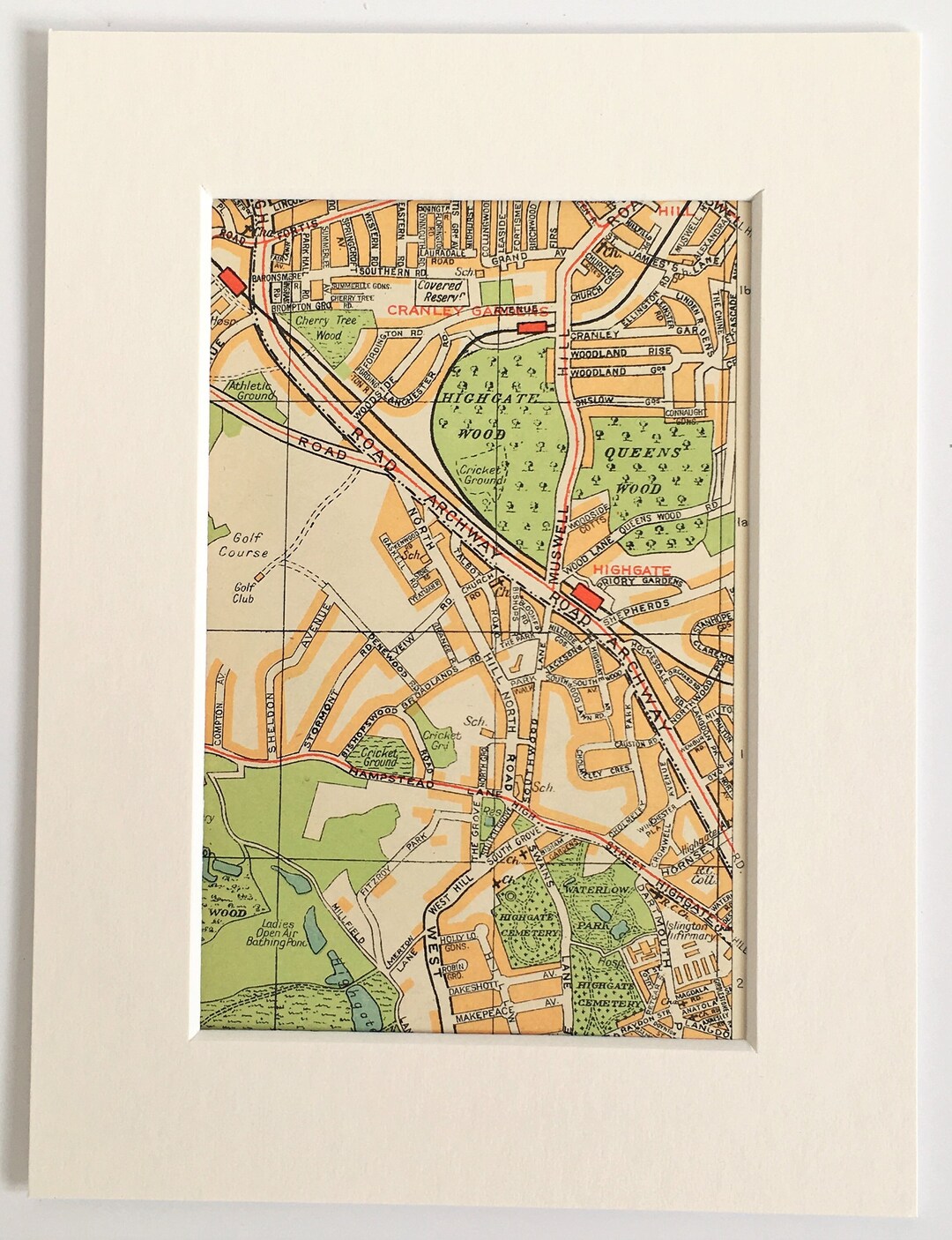 1930s VINTAGE LONDON MAP, North West London, Highgate, Muswell Hill ...