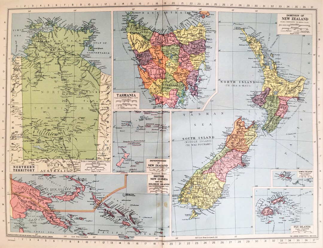 1945 Vintage Wartime Map : Tasmania, New Zealand, New Guinea, Australia ...