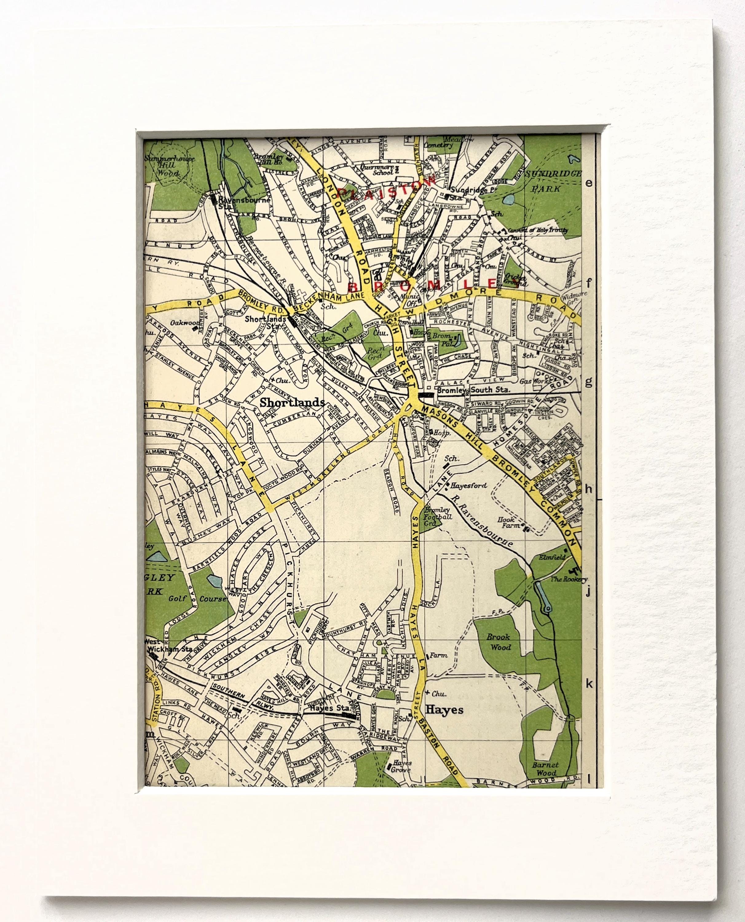 1930s VINTAGE LONDON MAP, South East London, Bromley, Hayes, Shortlands ...