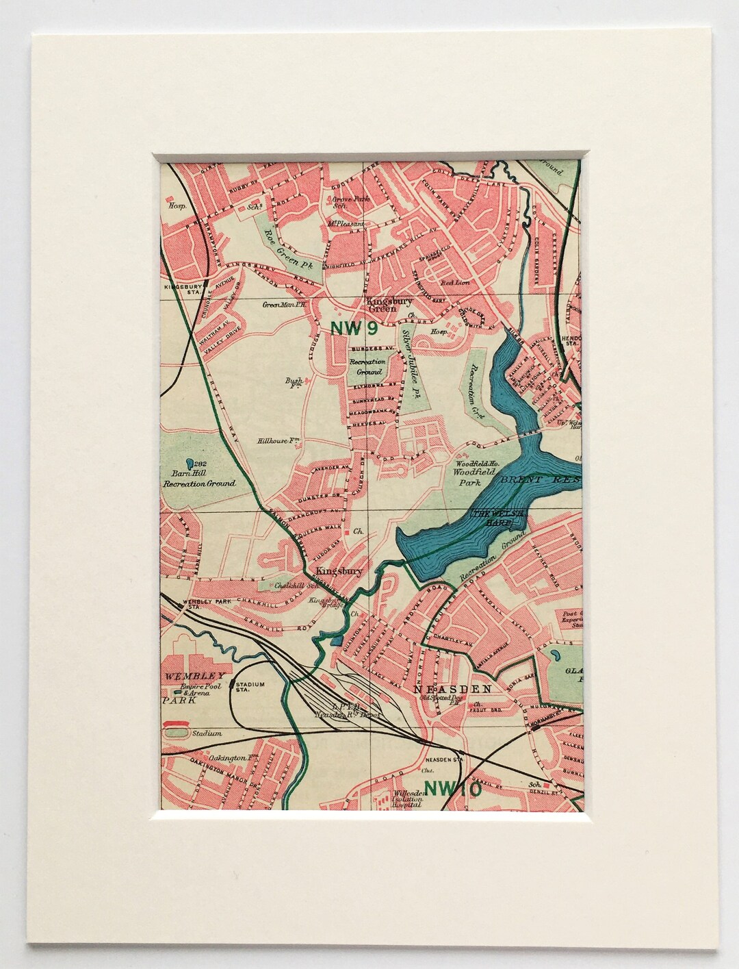 1945 VINTAGE LONDON MAP, North West London, Kingsbury Green, Neasden ...