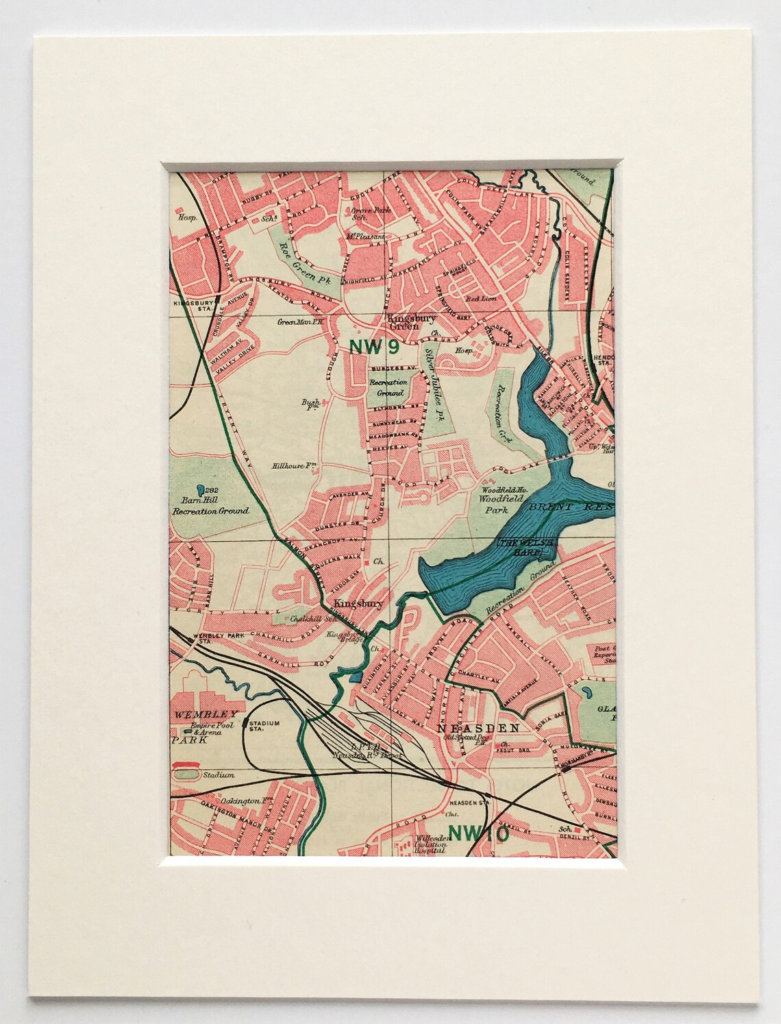 1945 VINTAGE LONDON MAP, North West London, Kingsbury Green, Neasden ...